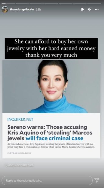 Angel rumesbak sa nagsabing ninakaw ni Kris ang alahas ni Imelda: She can afford to buy her own ...