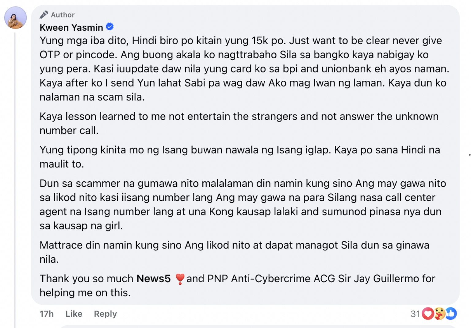 Kween Yasmin nadale ng ‘voice phishing’, nasimot ang pera